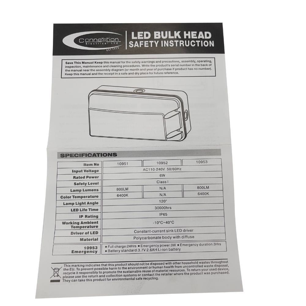 240V LED Bulk-Head 6w Emergency Worklight IP65 - (10953)